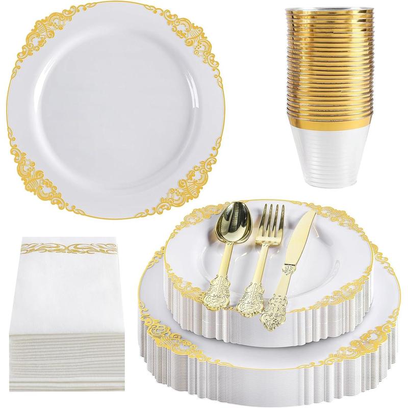 175 count Disposable Plastic Dinnerware Set for 25 Guests, White ...