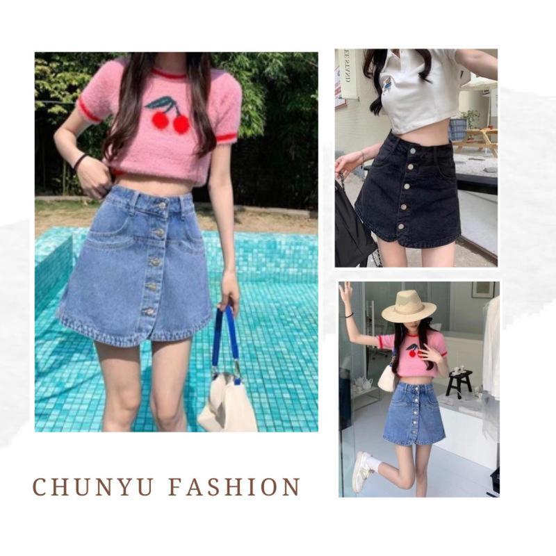 CHUNYU กางเกงกระโปรงยีนส์เอวสูงทรงเอ สไตล์เกาหลี ผ้ายีนส์แท้ - TikTok ...