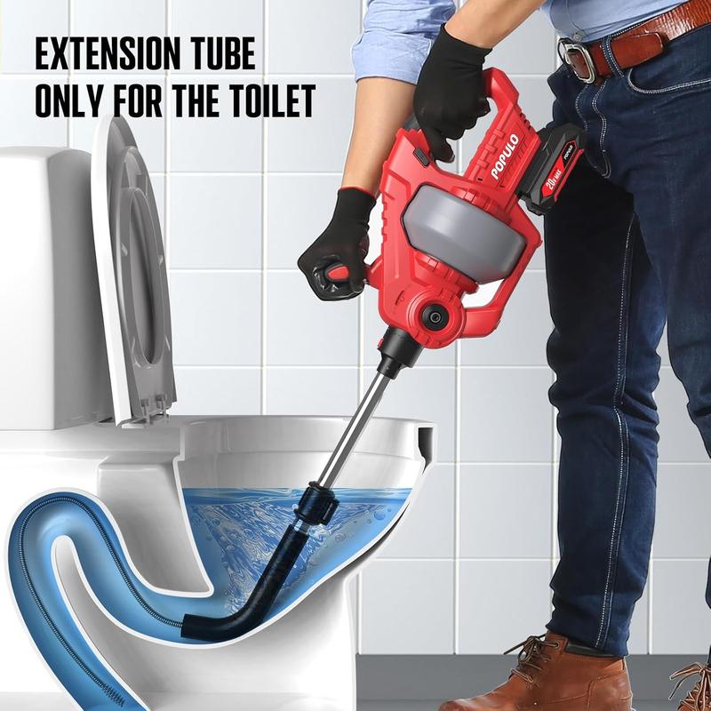 POPULO 20V Cordless Electric Drain Snake, 25Ft Replaceable Cable with 2 ...