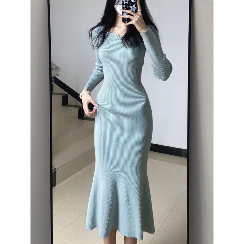 Gaun baju sejuk rajutan ekor ikan biru untuk wanita, skirt bodycon ...