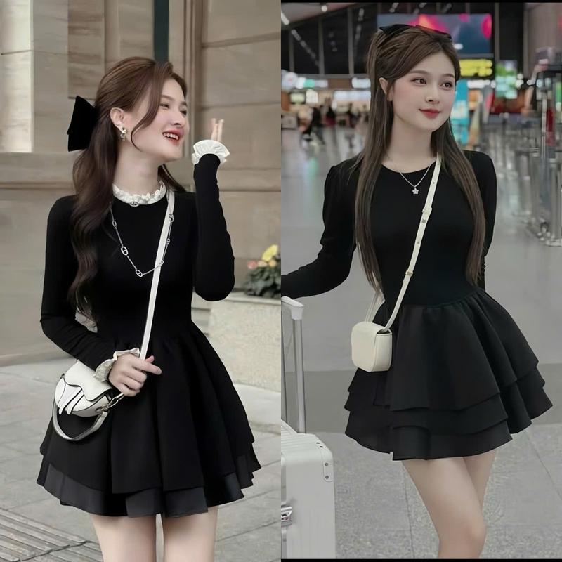 Đầm váy nữ tay dài cổ tròn phối viền ren phần trên tăm gân kết - TikTok ...