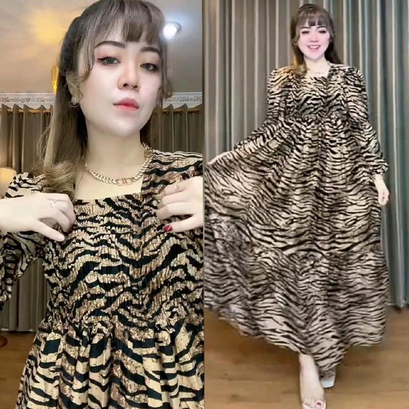 Dress Wanita ZK Semuk Macan Zebra Rempel Lengan panjang Kare - Shop ...