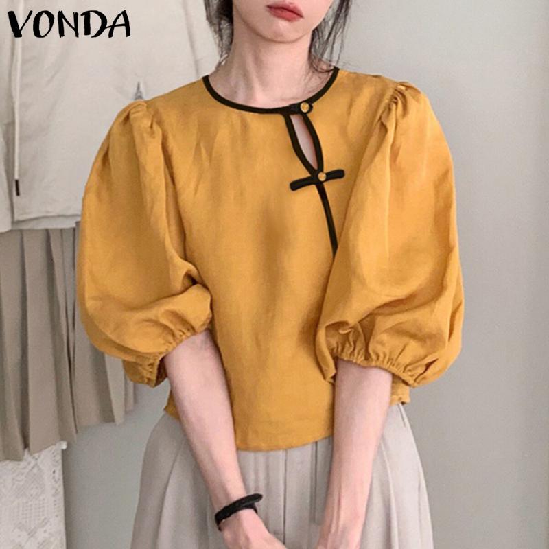 เสื้อเบลาส์สตรีท VONDA คอกลม แขนพัฟวินเทจ เสื้อสวมหัวตัดกัน สไตล์ลำลอง ...