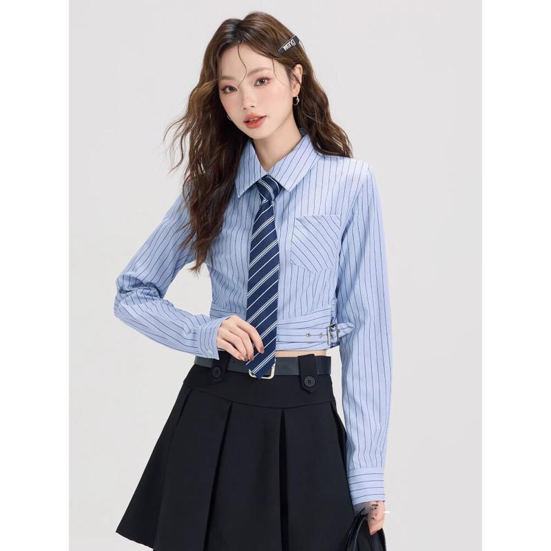 FADFAD Atasan kemeja lengan panjang bermotif garis gaya modi - Shop ...