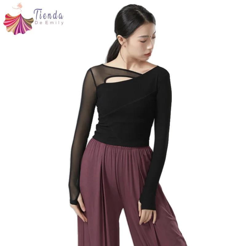 Women Modern Dance Tee Top Spliced Mesh Long Thumb Finger Sleeve Blouse ...