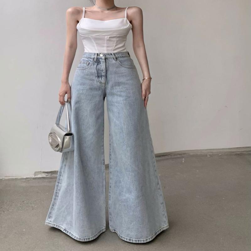 Women's Plus size High Waisted Wide Leg Jeans Floor Length Korean ...