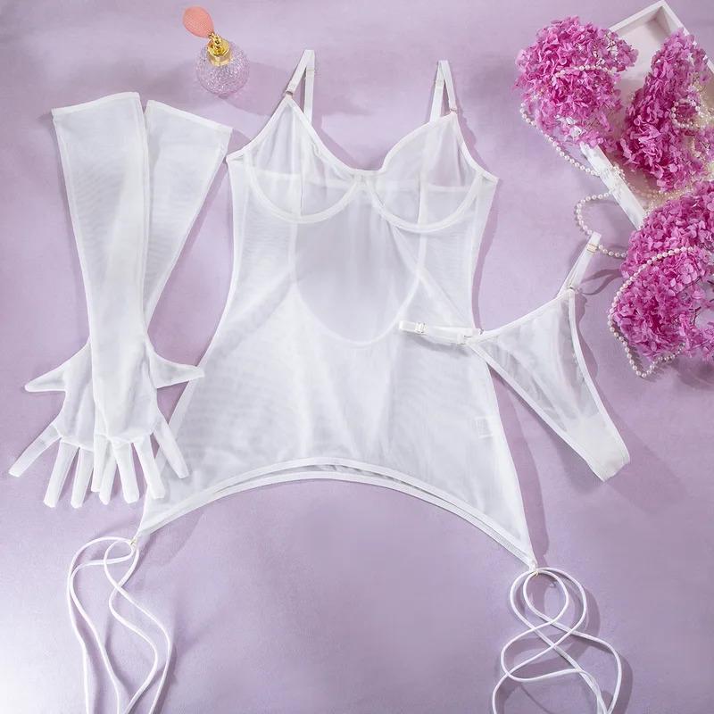 Sexy Solid Mesh Open Back Perspective Bodysuit With Rope Gloves ...