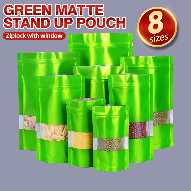 100pcs Green Matte Stand Up Pouch with Zip Lock Window Ziplock - TikTok ...