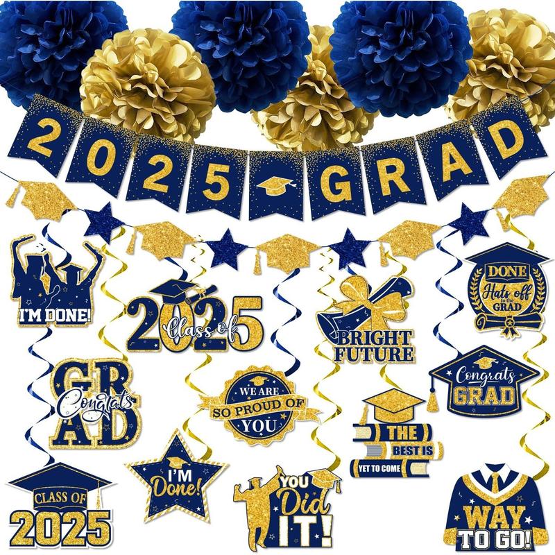 Navy Blue Graduation Decorations, 2025 Grad Banner and Congrats ...