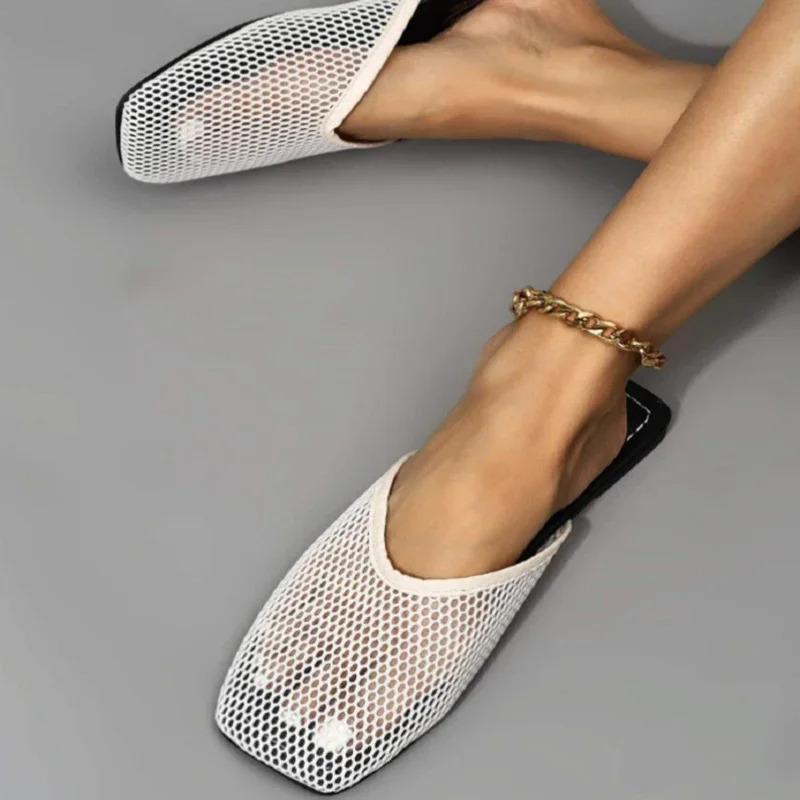 New Women's Slippers Fashion Mesh Flat Bottom Square Toe Fli - TikTok Shop
