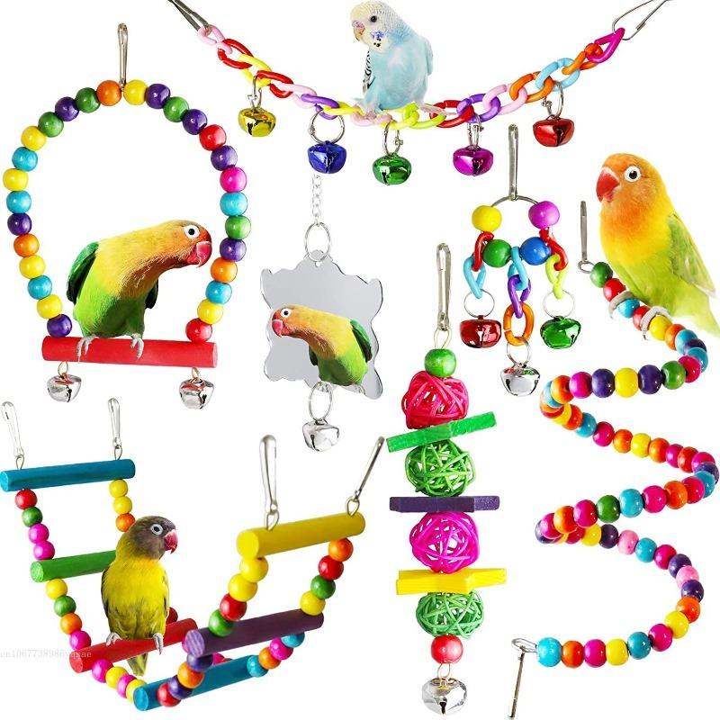 Mainan Burung Beo Kayu, Set 7pcs, Aksesori Burung, Sangkar Burung ...
