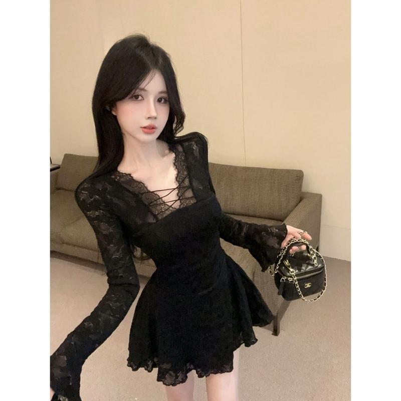 Gaun Renda, Gaya Korea, Leher V, Lengan Panjang, Pinggang Ketat ...