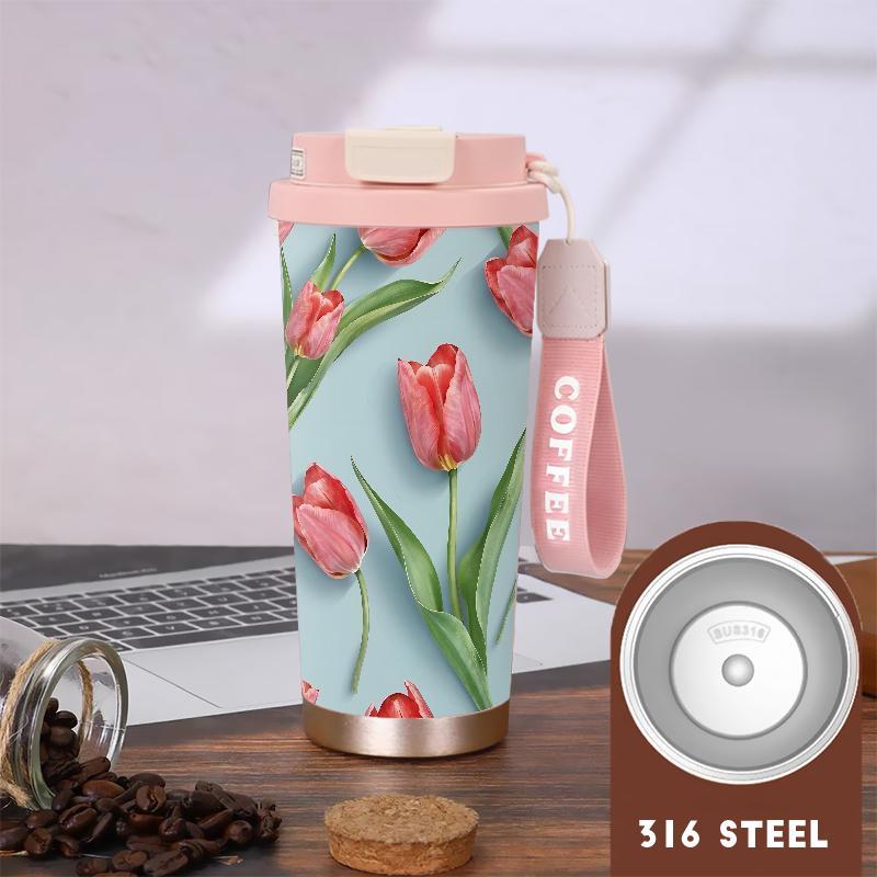 Tumbler Flower Thermos Coffee CUP Case 500 ML Stainless Steel Straw ...