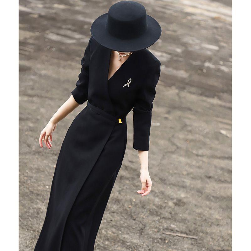 Gaun Blazer, Hitam, Elegan, Slim Fit, Leher V, Sesuai Langsing ...