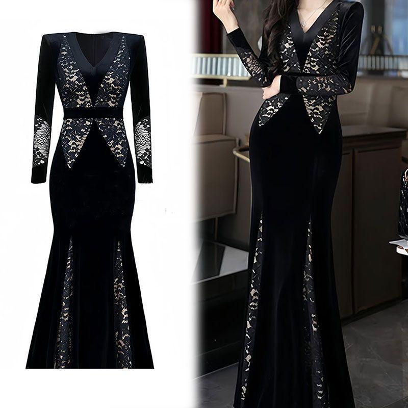 Gaun Duyung Bodycon, Gaya Grace Kelly, Tampalan Bunga Hitam Elegan ...