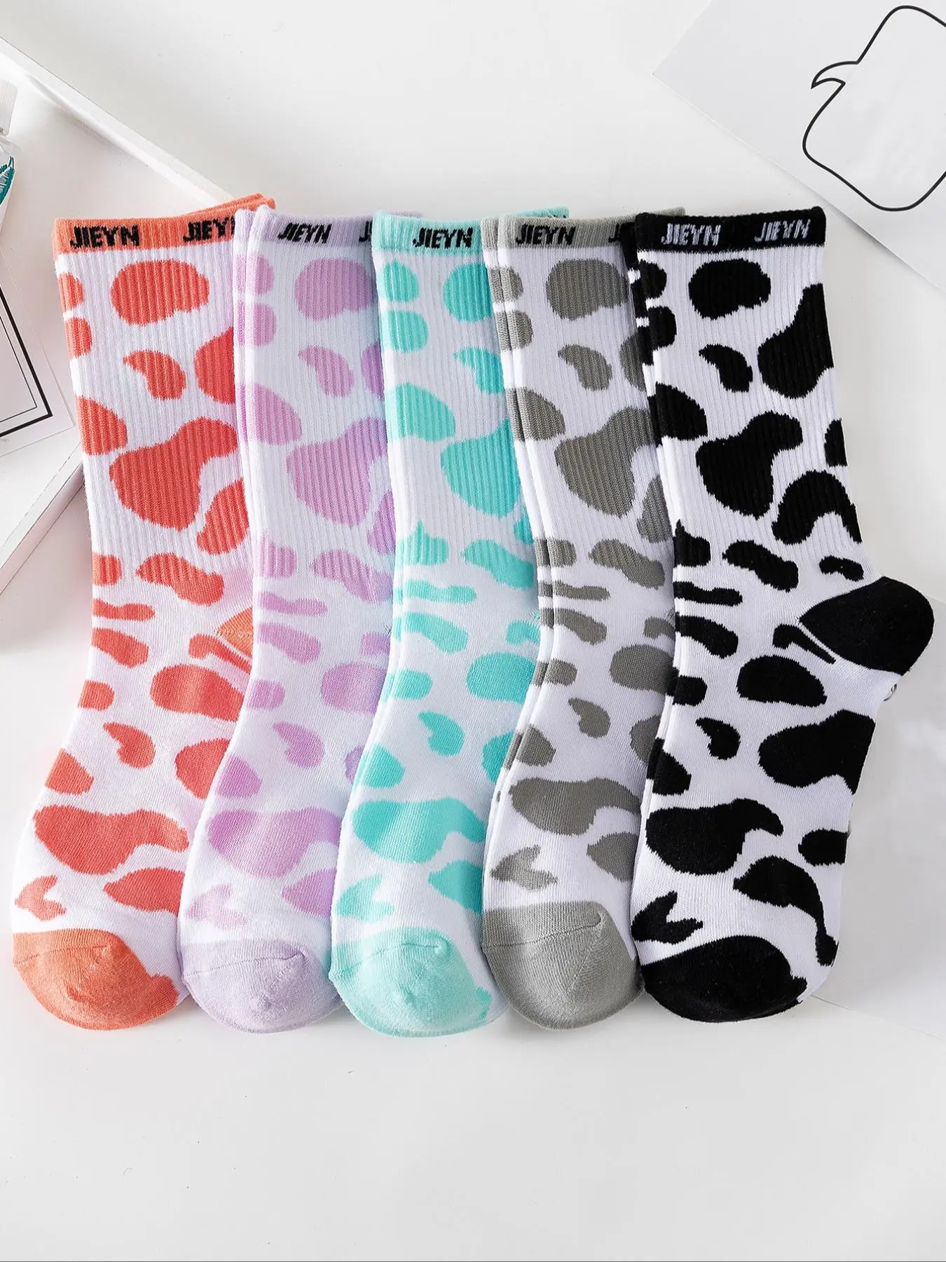 Women's 5 Pairs Cow Print Letter Binding Crew Socks, Casual Thick ...