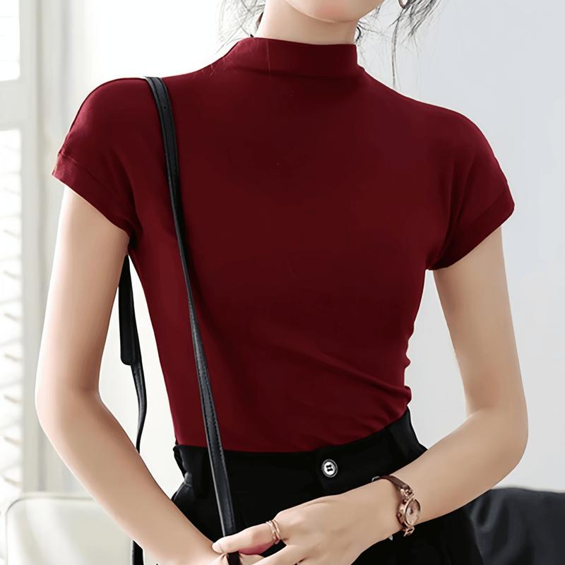 Kemeja-T Turtleneck Separuh, Lengan Pendek, Slim Fit, Warna Pepejal ...