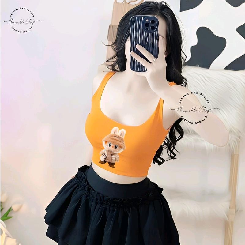 Áo Bra 2 Dây Bản To Cổ Vuông Cotton Ôm Body In Hình Labubu Nâu - TikTok ...