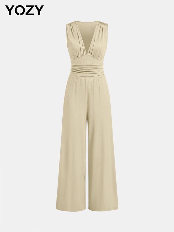 YOZY Deep V Neck Ruched Tank Jumpsuit, Sleeveless Wide Leg Jumpsuit ...