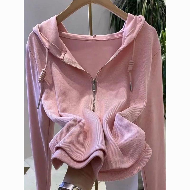 Kemeja-T Lengan Panjang Bertudung Zip, Stesen Eropah, Gaya Korea ...