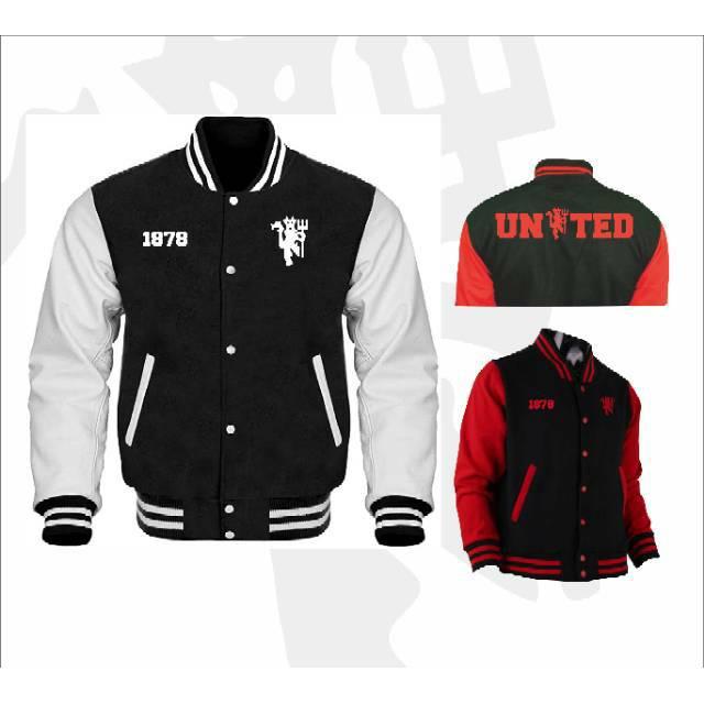 Jaket Besbol Varsiti, Manchester United, Hitam, Merah dan Putih ...