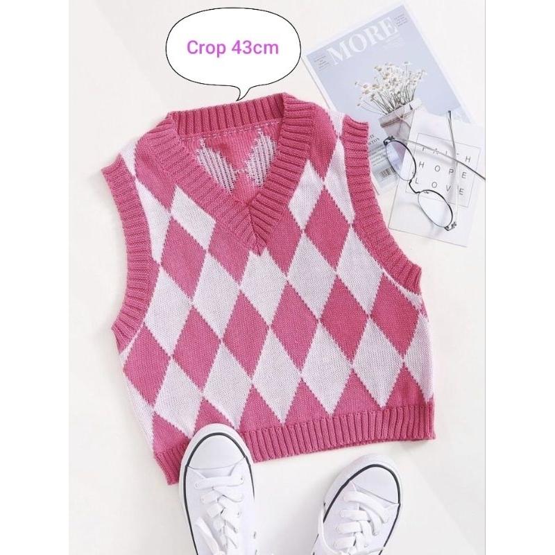 Vest Rajut Crop Argyle Motif Ketupat/Rompi Rajut Wanita Crop - Shop ...