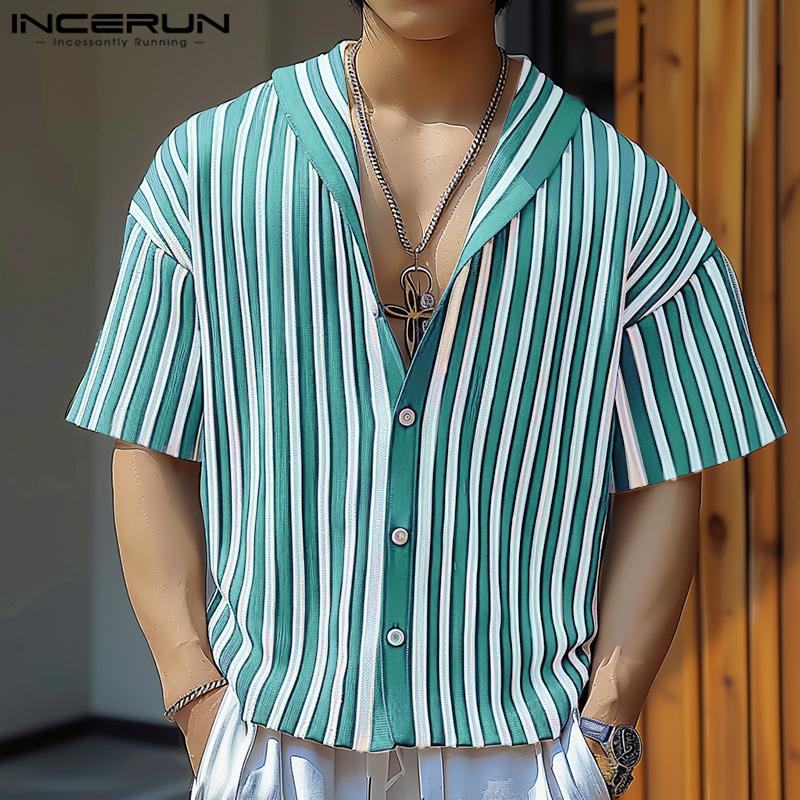 INCERUN Men's Fashion V Neck Short Sleeved Stripe Blouse Leisure ...