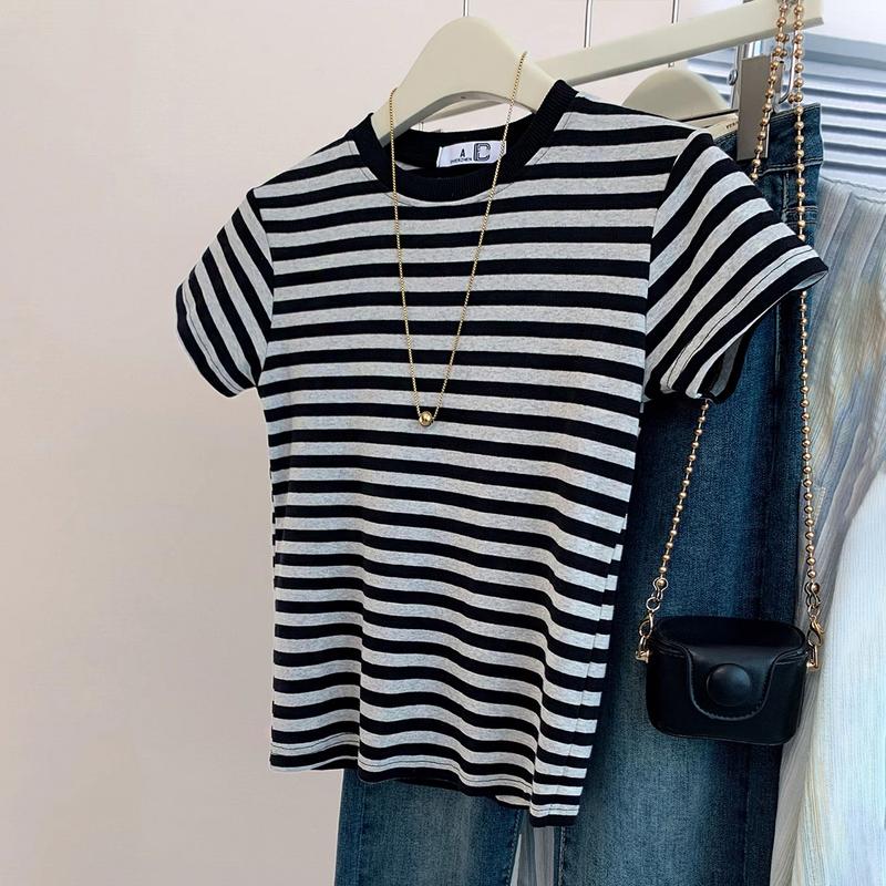 Y6Y - เสื้อยืดแขนสั้นลายทางย้อนยุคผู้หญิง คอกลม เสื้อครอป Clothing ...