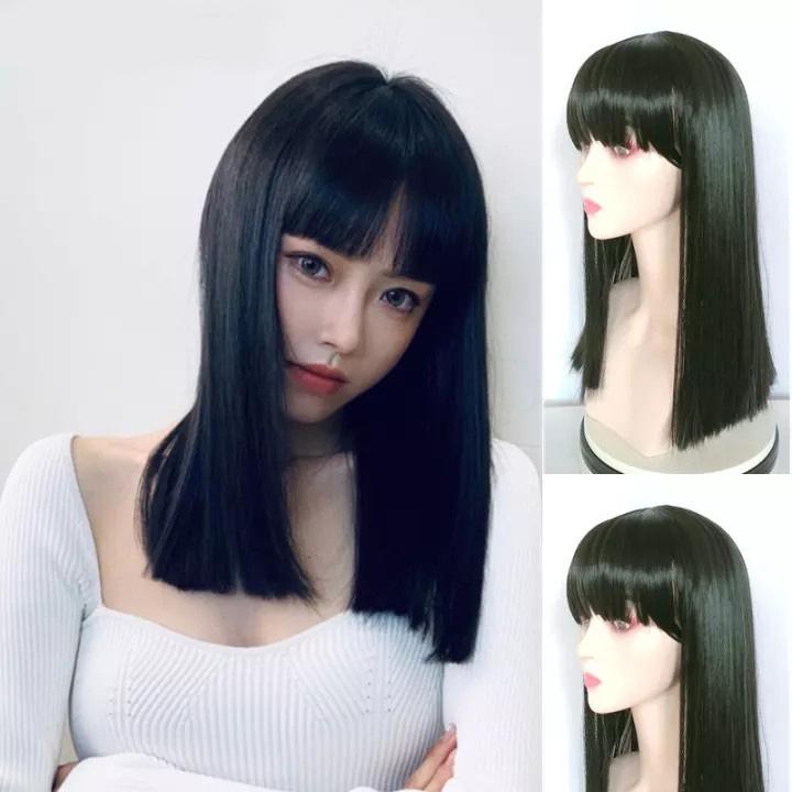 Wig Human Hair Original 45cm Women Long Black Straight Hair Wig ...