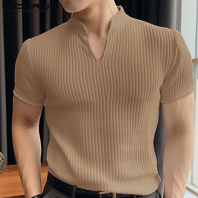 INCERUN Mens Short Sleeve Formal Simple Casual Pit Stripe Knitted ...