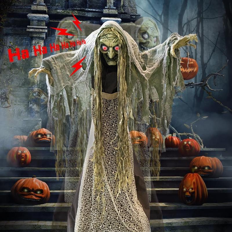 TikTok Shop 60 Halloween Animatronics Standing Witch Halloween Decorations Outdoor Sound Activated with Creepy Motion Light Up Eyes Haunted House Scary Decor Horror Prop Yard Lawn Decor