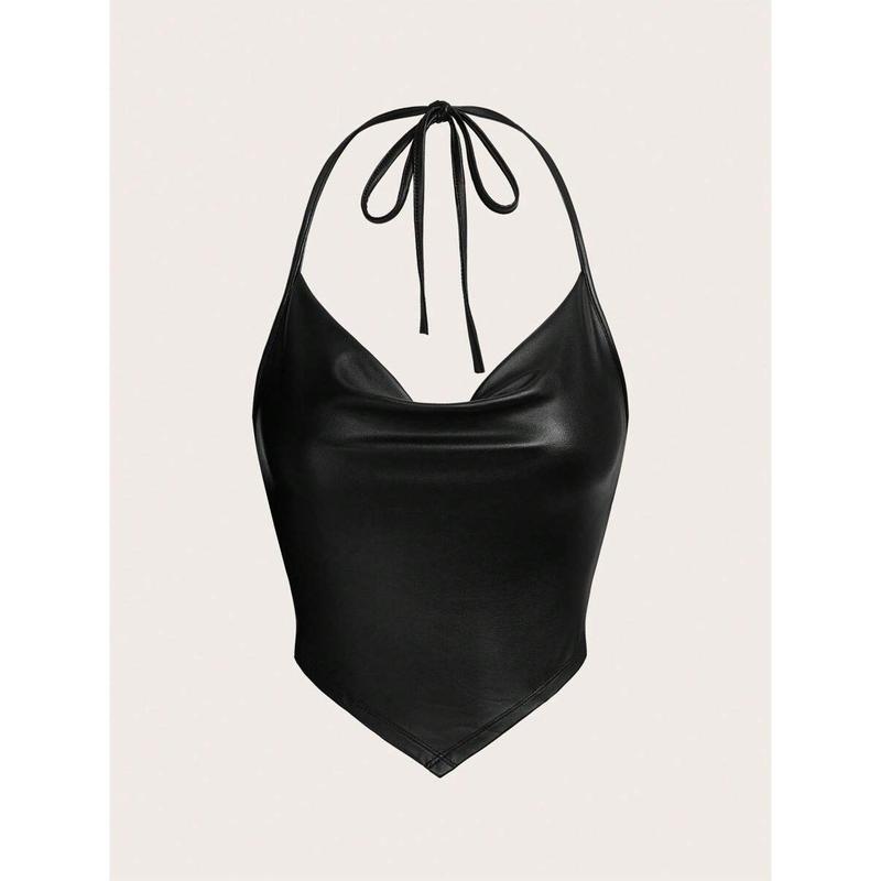 Draped Front Tie Backless Halter Top-Black Faux Leather - TikTok Shop