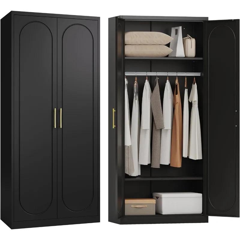 Metal Armoire Wardrobe Closet - 71" Tall Black Clothing Storage Cabinet ...