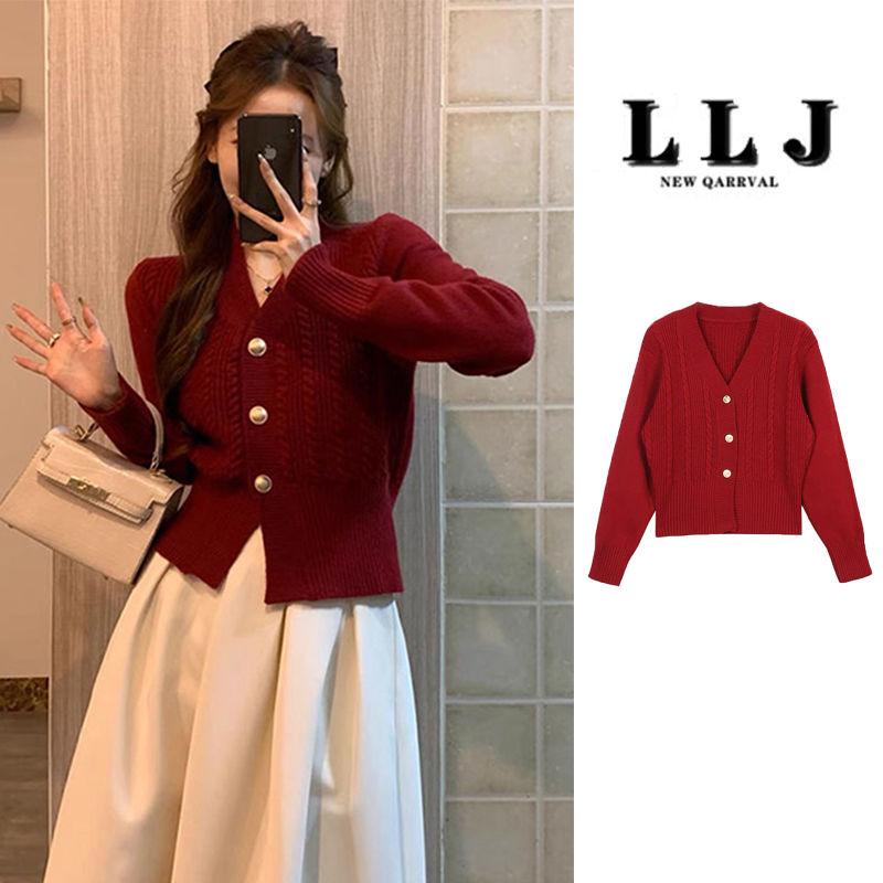 Kardigan Berkait, Warna Merah Retro, Untuk Wanita, Rekaan Berpintal ...
