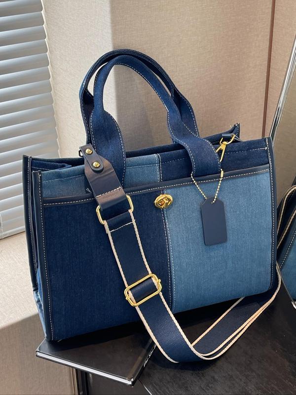 Fashionable Patchwork Denim Design Tote Bag, Contrast Color Stitching ...