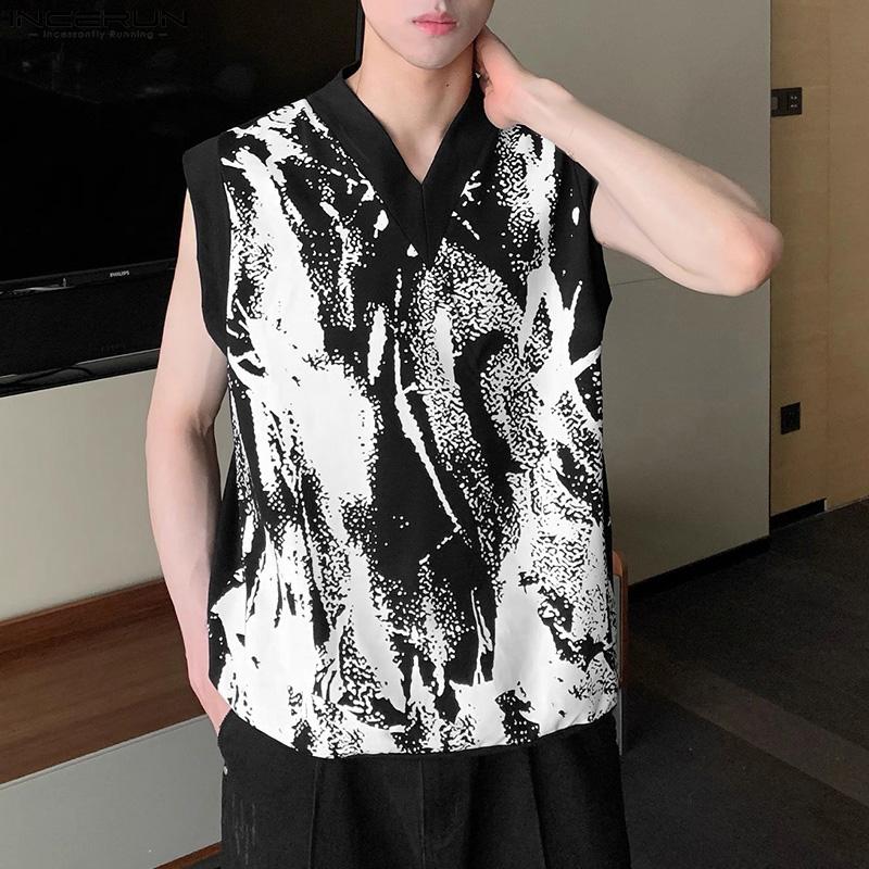 INCERUN Mens Casual Contrast Color Vest Personality V Neck Graphic ...