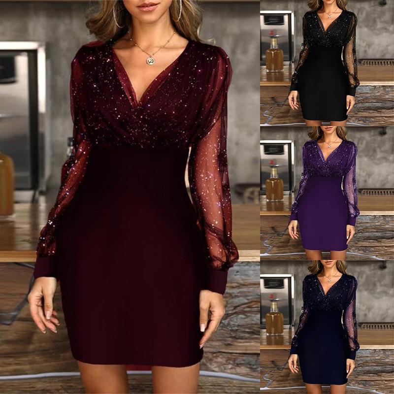 Gaun Bodycon, Leher V Wanita Ele, Lengan Puff, Sesuai untuk Koktel ...