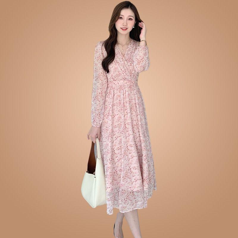 Gaun bunga Perancis dengan leher V untuk wanita, gaya Korea baharu ...