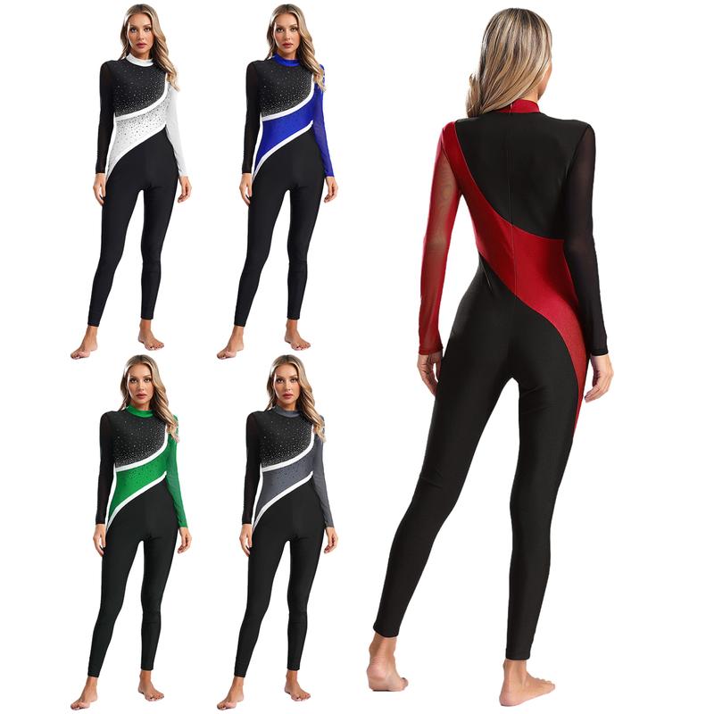 Kaerm Womens Color Block Gymnastics Jumpsuit Shiny Rhinestones - TikTok ...