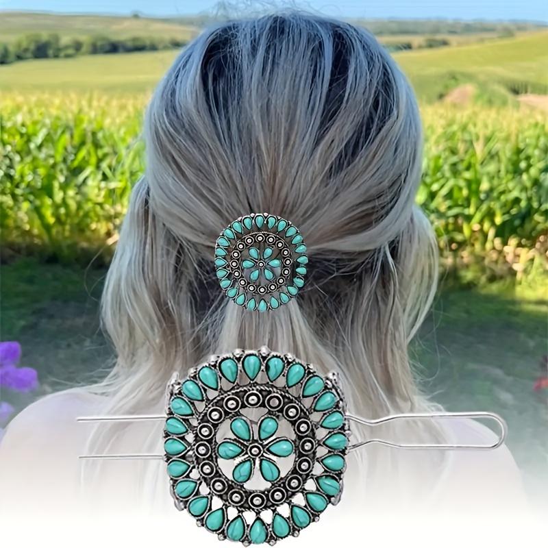 1pc Turquoise Hair Clip Silvery Alloy U-shaped Hair Clip Vintage ...