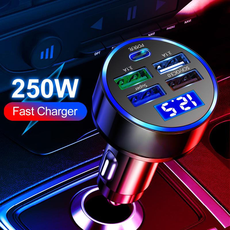 250W LED Car Charger 5 Ports Fast Charge PD QC3.0 USB C Car Charger ...