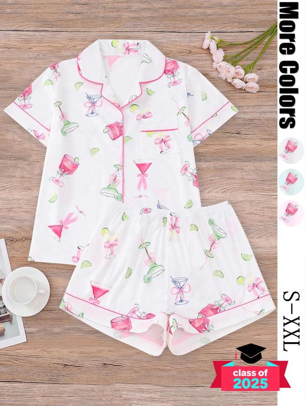 Women's All Over Cocktail Print Button Front Shirt & Elastic Waist ...