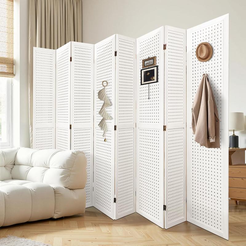 8 Panel Room Divider with Pegboard Display 5.6FT Wood PegBoard Room ...