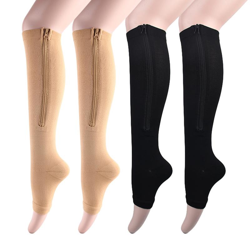 2 Pairs Women Men Side Zipper Compression Socks 15-20 mmHg Open ...