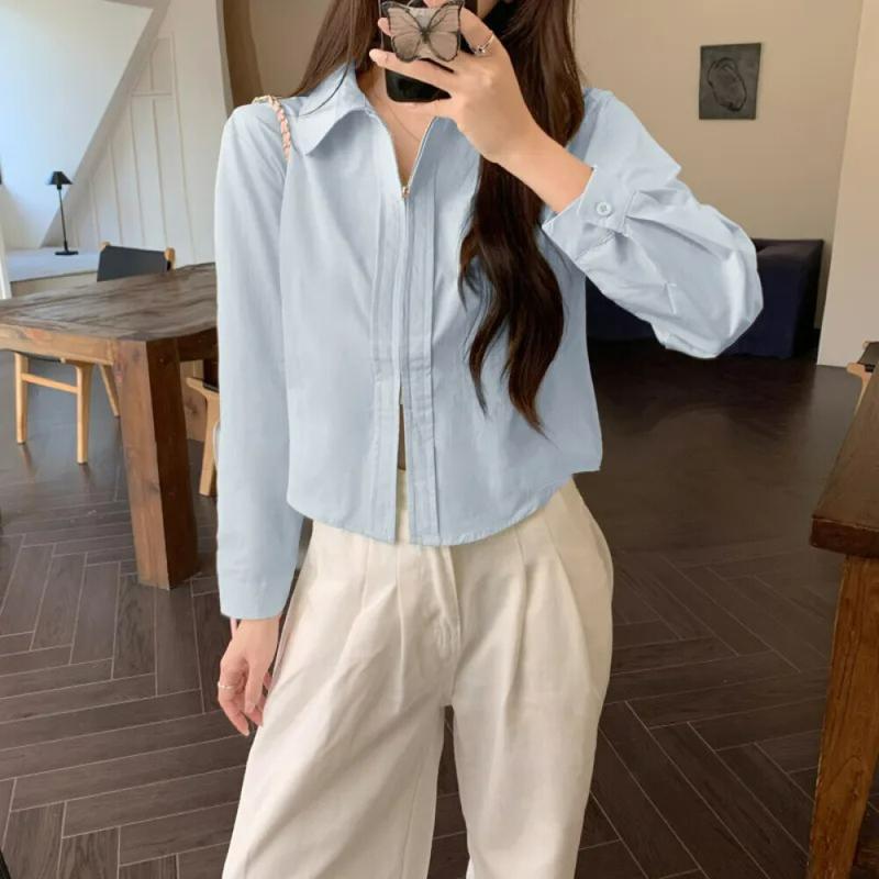 FADFAD Atasan kemeja lengan panjang warna cantik kerah polo gaya - Shop ...