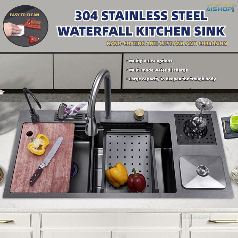 [SG Stock]SUS304 Waterfall Sink Kitchen Sink with Trash Can Large ...