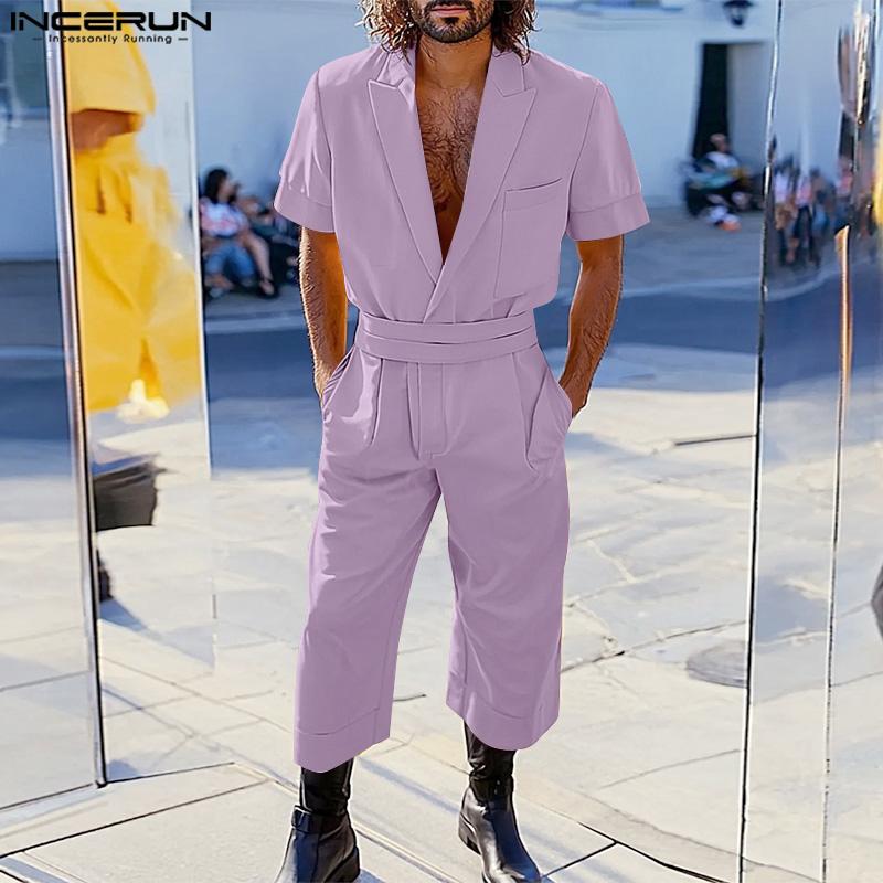 INCERUN Jumpsuits For Man Fashion Suit Collar Solid Color Bodysuits ...
