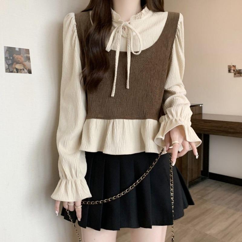 Plus size cute ribbon collar blouse fake two-piece spliced shirt ...