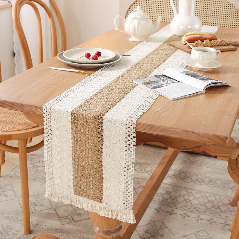 1Pcs Two Tone Woven Tassel Table Flag Cotton Linen Striped Tablecloth ...
