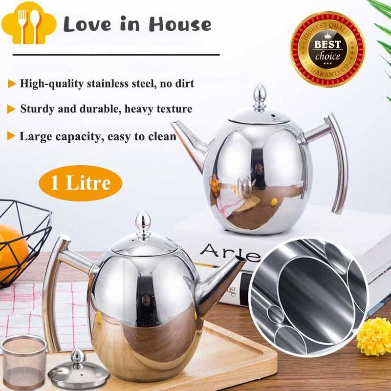 1L Tea Pot Heat Resistant Stainless Steel Teapot Coffee Pot Kettle ...